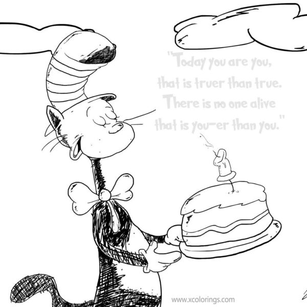 Happy Birthday Dr Seuss Coloring Pages Hat and Cake - XColorings.com