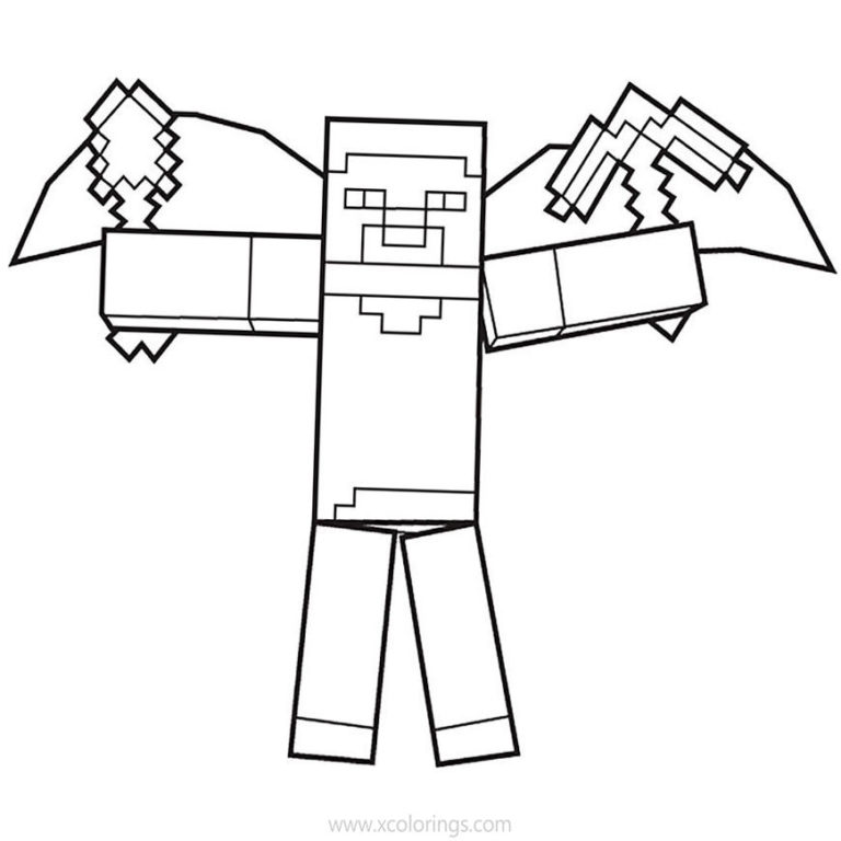 Minecraft Steve Coloring Pages with Ender Dragon and Wolf - XColorings.com
