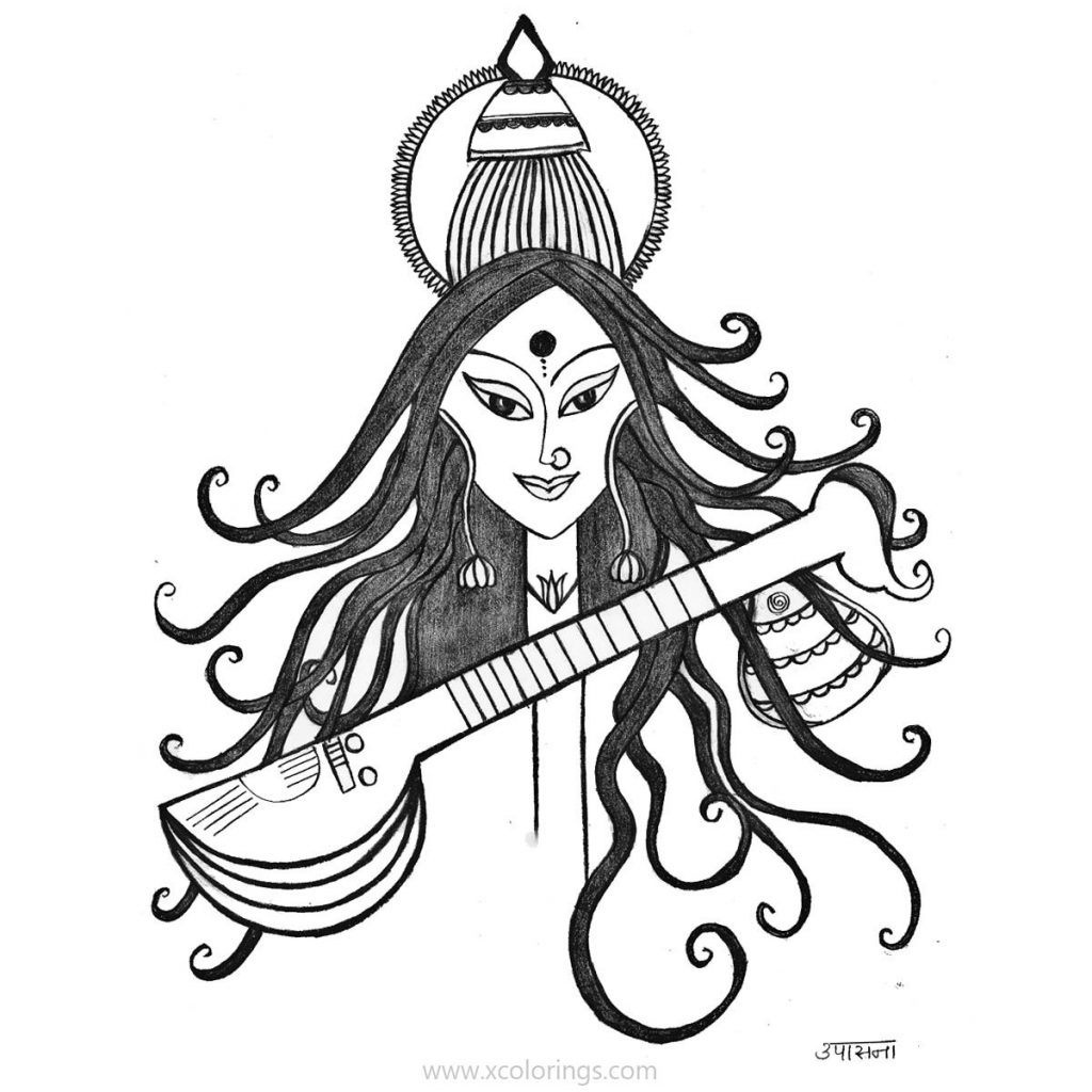 Saraswati Clipart Maa Mata Sketch God Colouring Pages Gods Hindu Clip ...